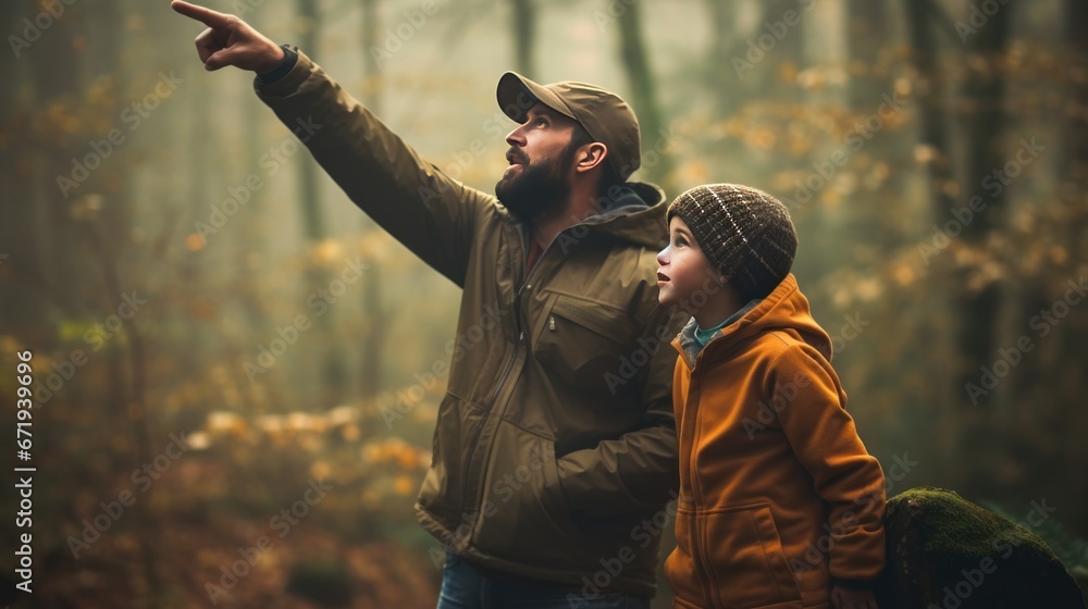 Father and son in the forest, father showing his child the forest ...