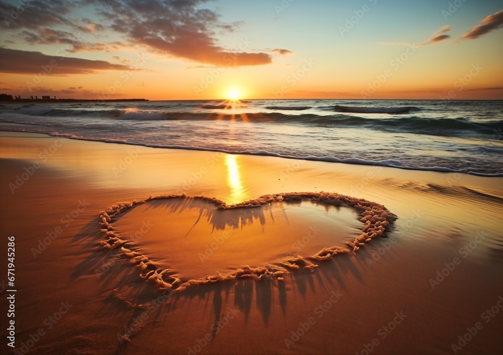 heart shaped sand beach sunset love eyes distinctive features sun rays ...