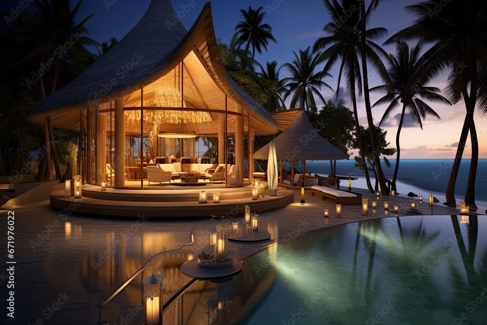 3D render of a luxury villa on the beach at night, Luxury beach resort ...