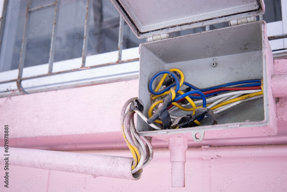 Old electrical junction box on a damaged wall. Close-up of a disgusting ...
