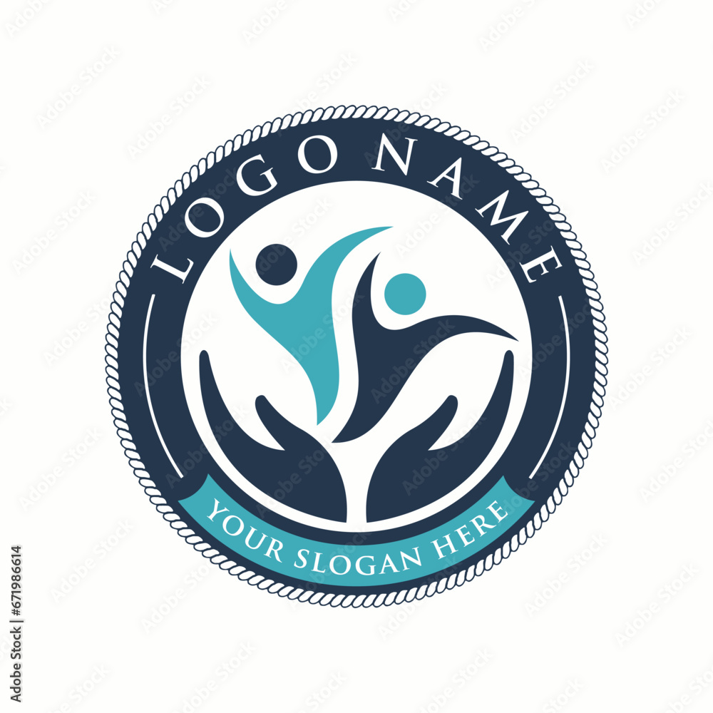 Community logo with people flower round and hexagon tech circuit blue ...