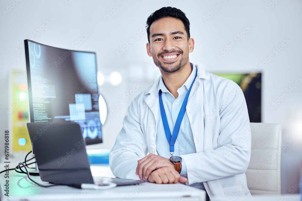 Scientist, portrait and man at laptop, smile and laboratory for medical ...