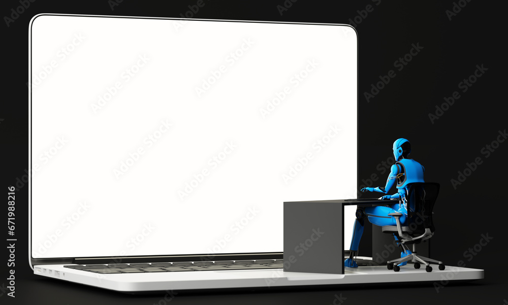 Robot humanoid use computer or tablet in future office while using AI ...