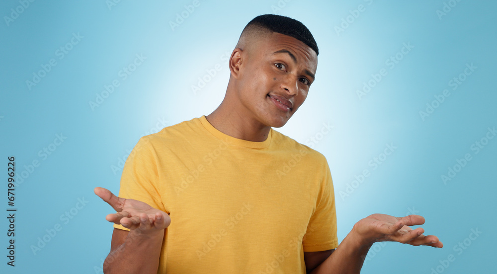 Confused, portrait and man shrug in studio with why hands on blue ...