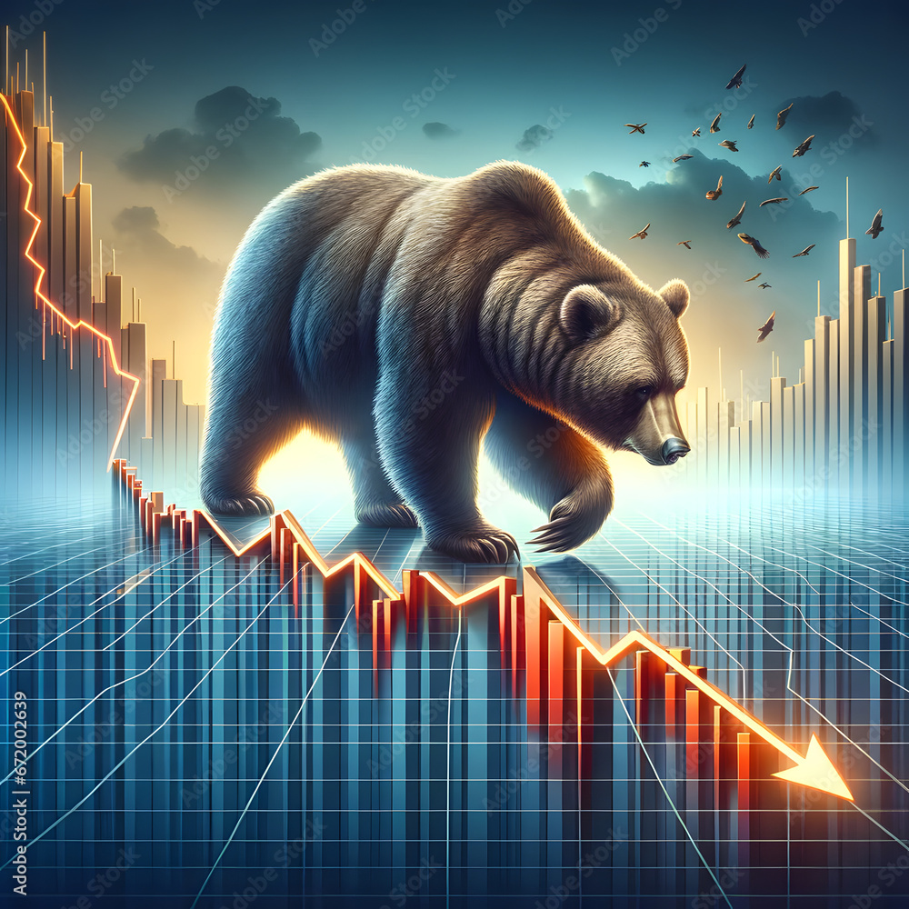 Illustration of a realistic bear walking downward on a declining chart ...