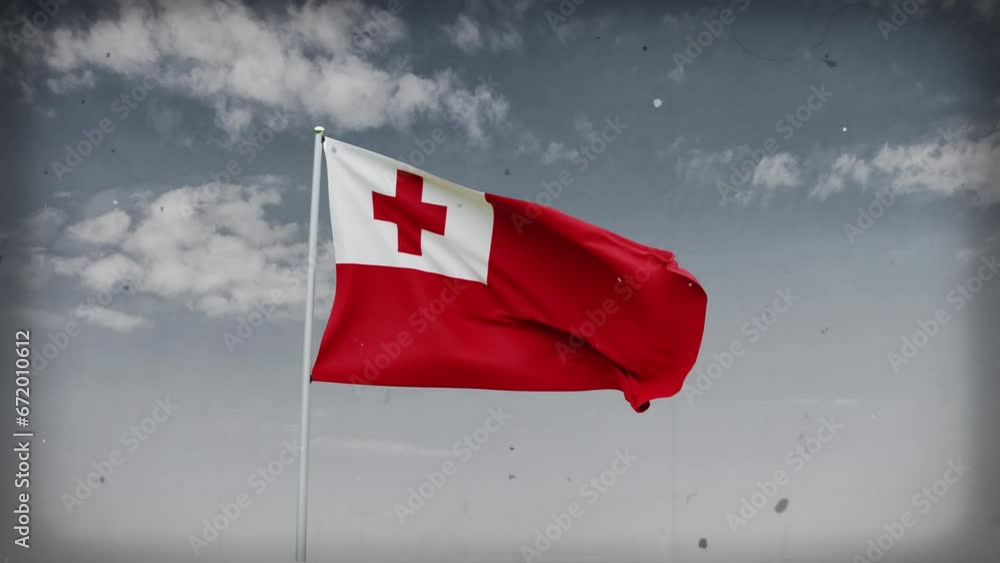 Tonga flag waving on sky background with vintage, old film, vignette ...