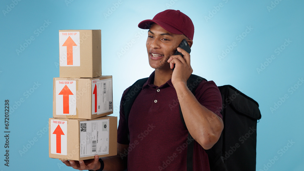 Delivery man, boxes and phone call for courier communication, e ...