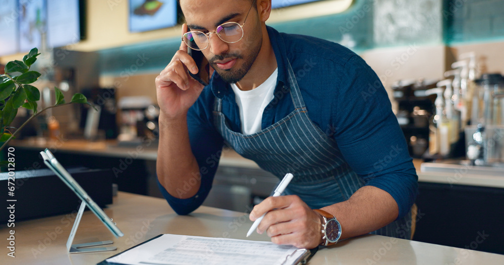 Barista, phone call and paperwork for restaurant, cafe logistics or ...