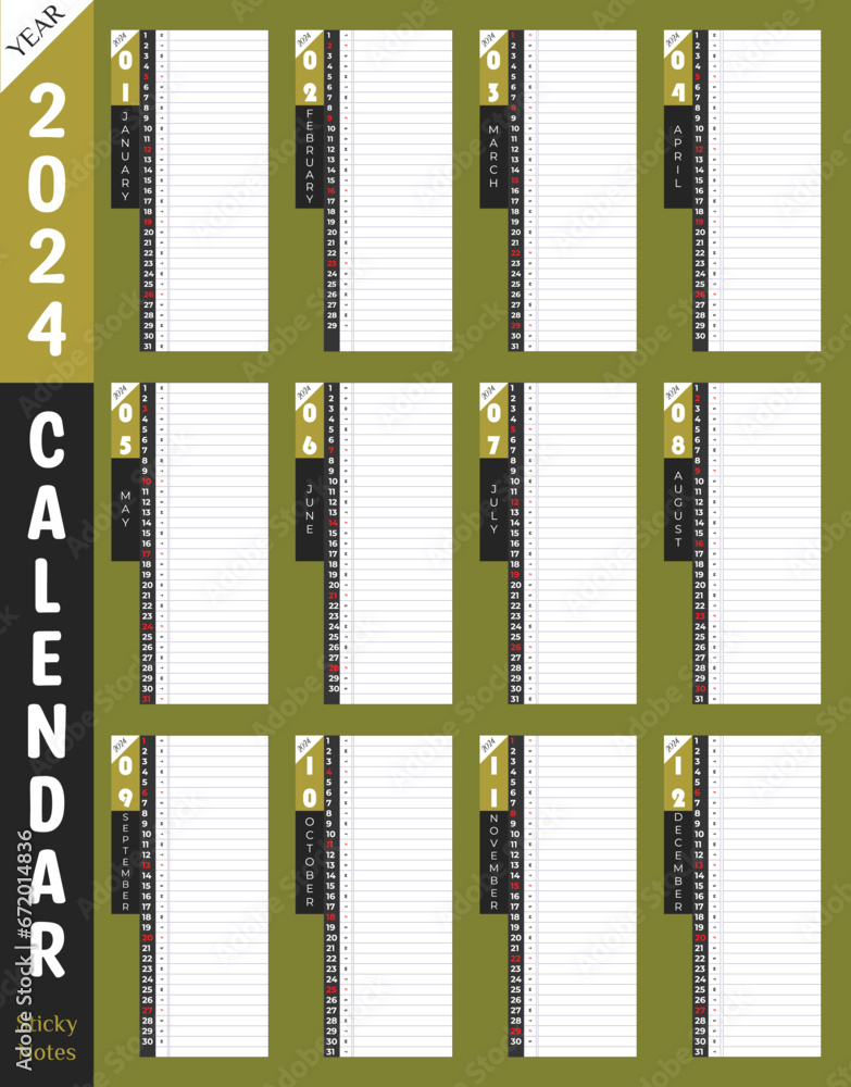 Vecteur Stock 2024 Calendar premium wall or desk printable with day ...
