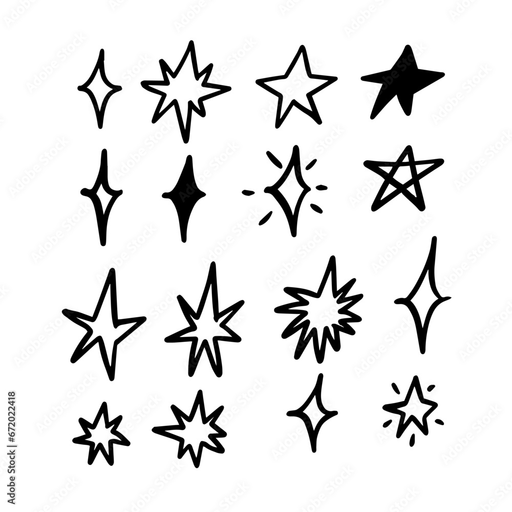 Hand drawn different doodle stars set. Black color in cartoon comic ...