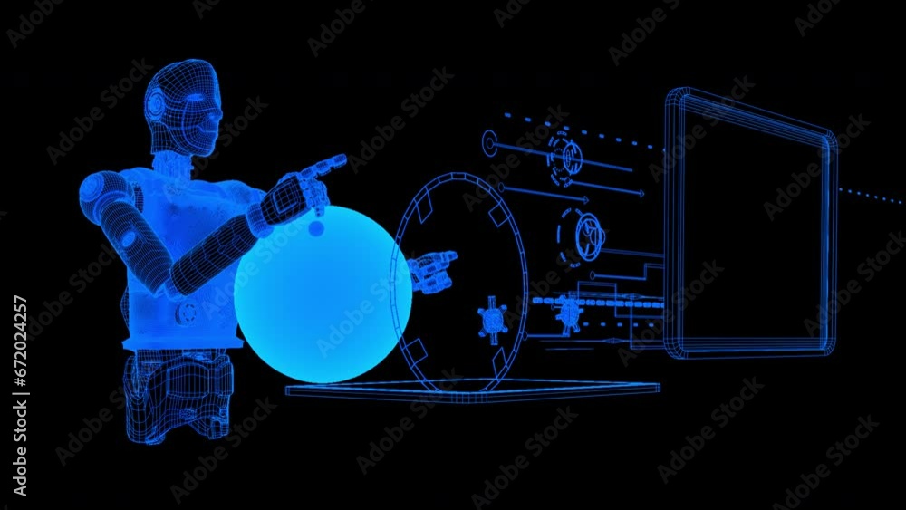 ROBOT wireframe transparent on push background Human skin body head ...