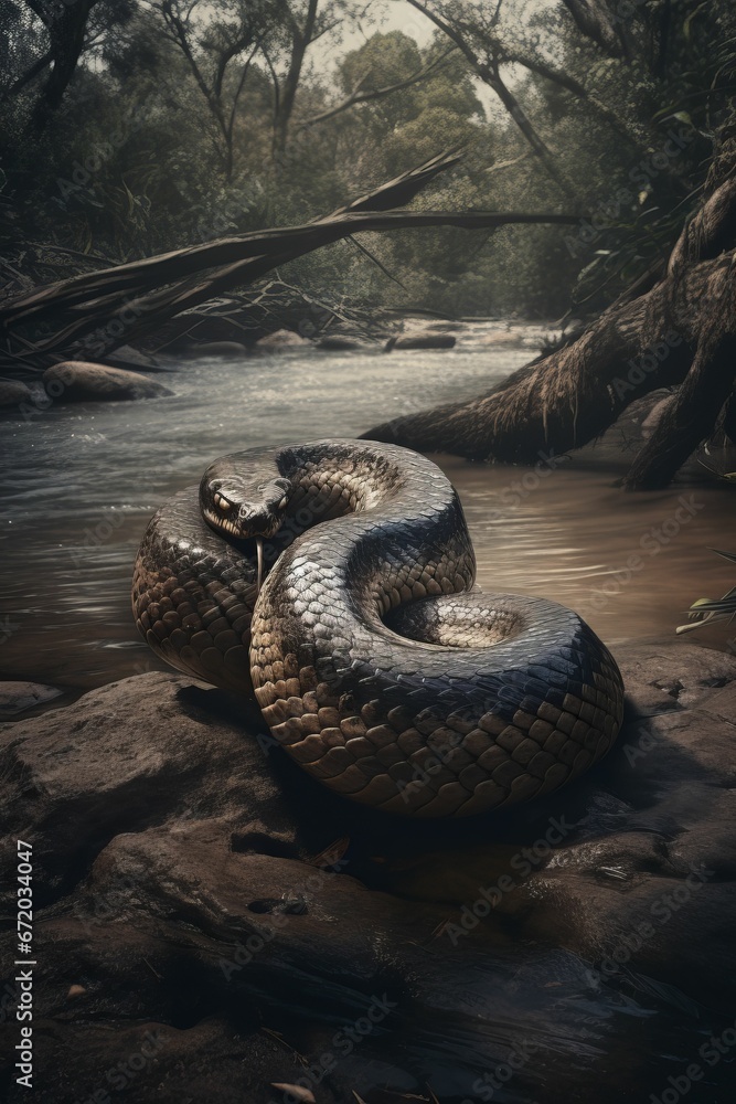 AI generated illustration of a snake coiled on the ground beside a ...