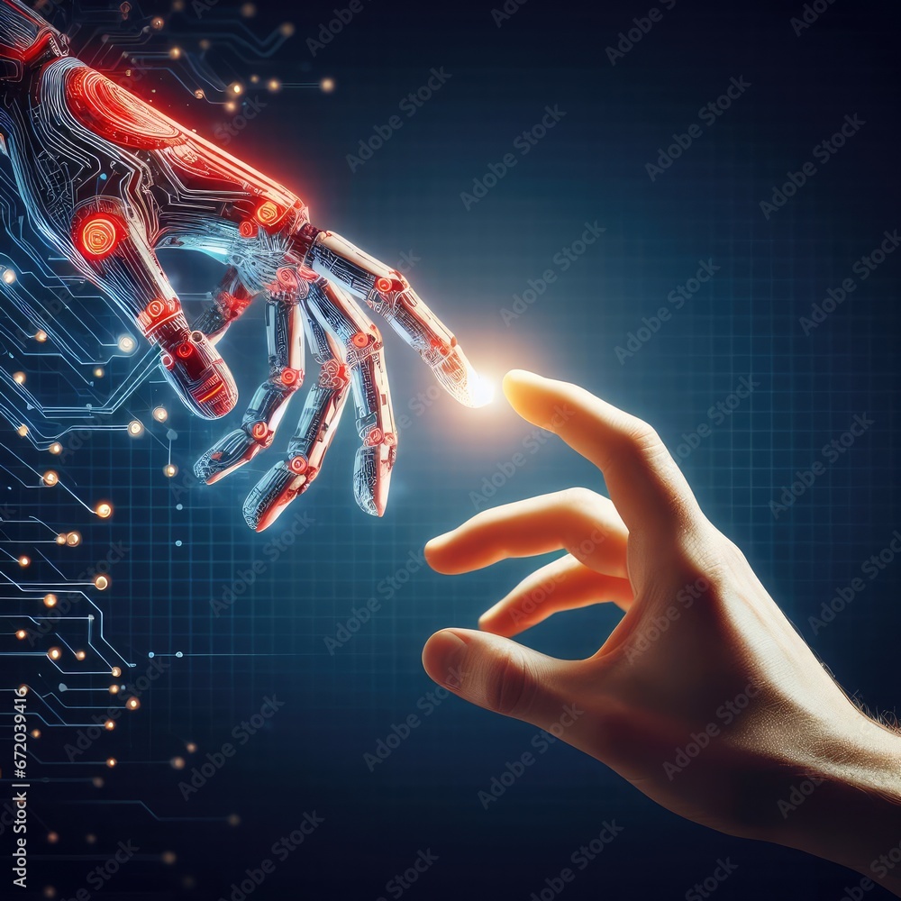 A human hand and a robot hand reaching out to touch each other. The ...