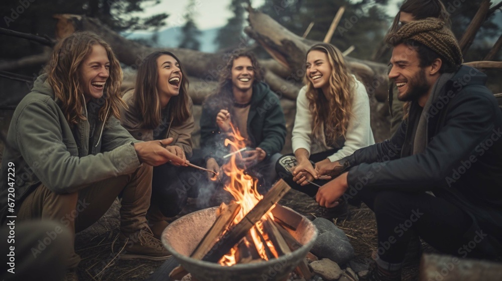 Joyous group of millennials laughing and bonding around a campfire ...
