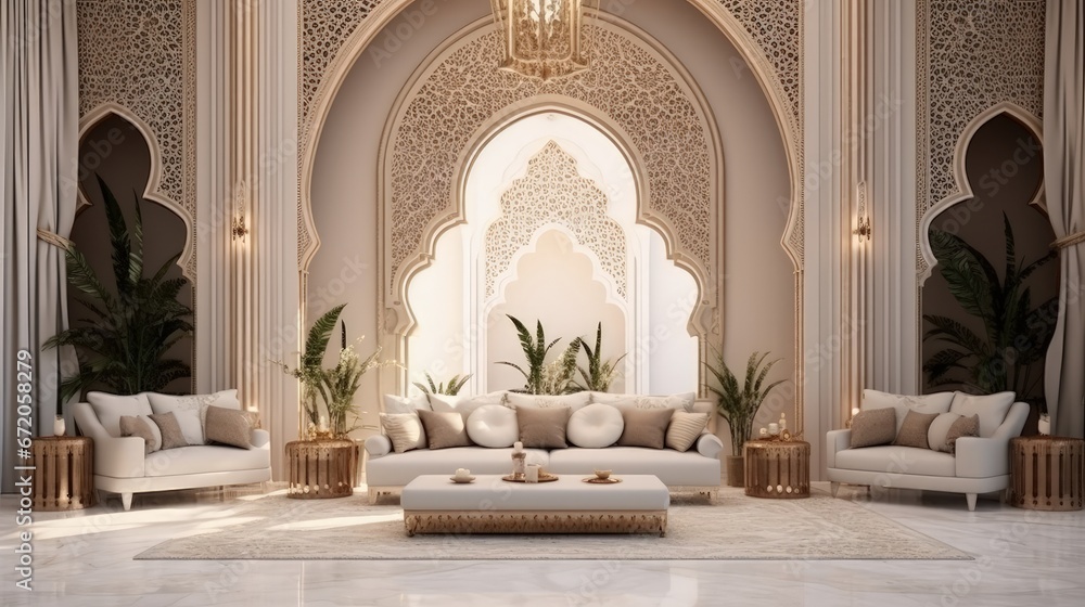 Arabic,Islamic style living room interior design with arch and arabic ...