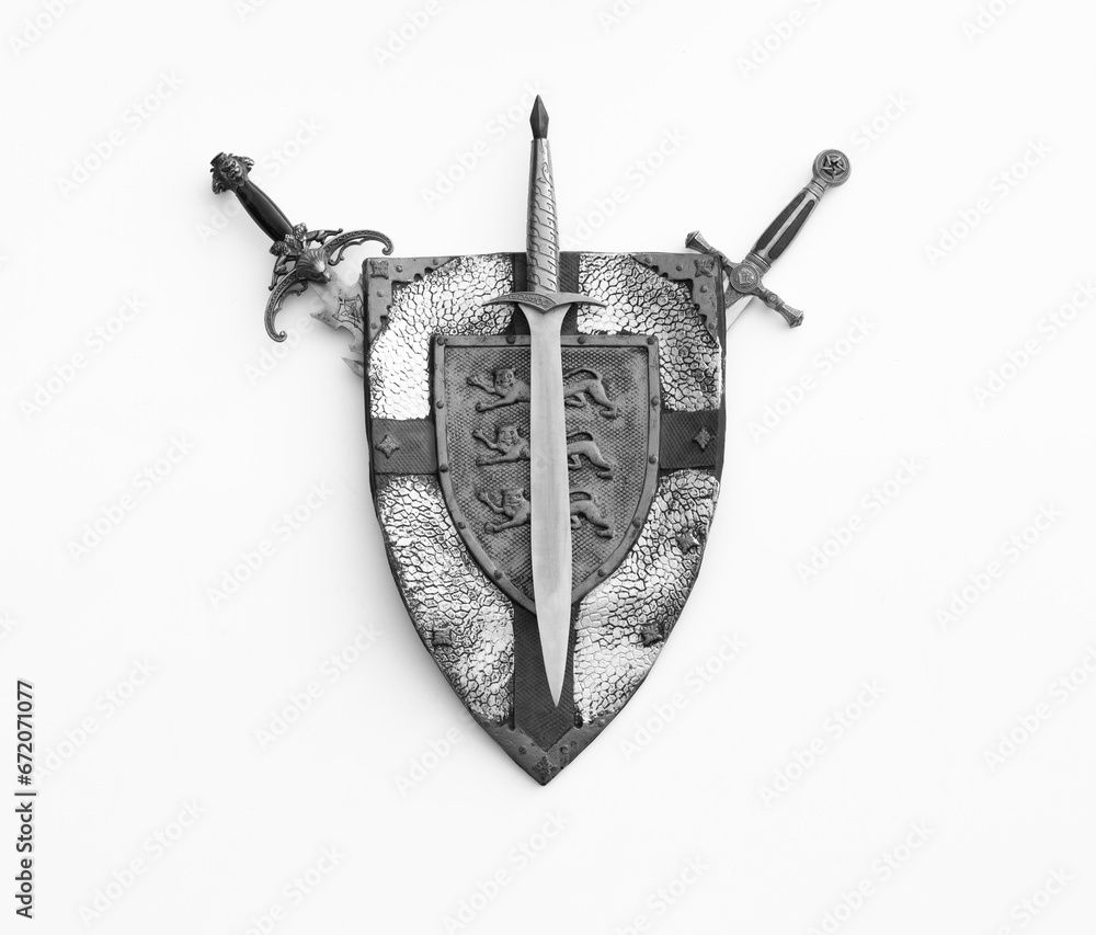 ancient iron shield and sword isolated on white background Stock Photo ...