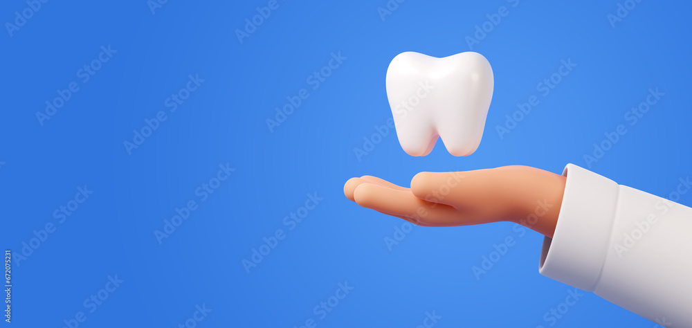 3D dentist hand with healthy white tooth on blue background. Copy space ...