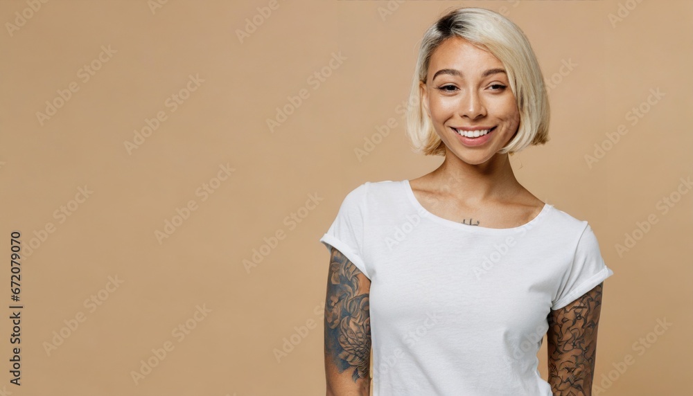 Smiling blond pretty smiling girl beauty female gen z model with short ...
