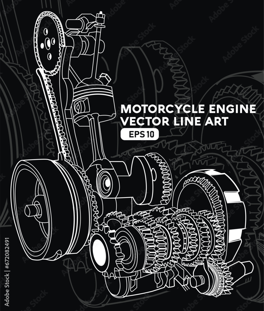 motorcycle engine vector line art illustration, gear piston belting ...