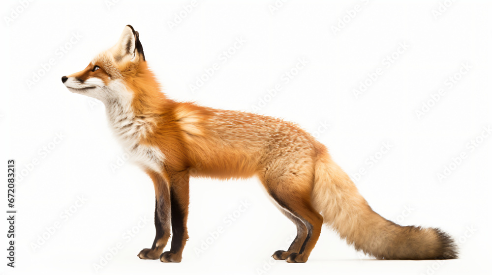 Side view of a Red fox looking up two years old isolated on white ...