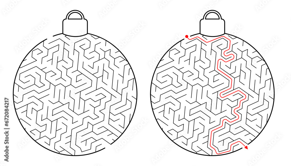 Maze Christmas ball. Labyrinth. Christmas tree toy. Simple flat vector ...