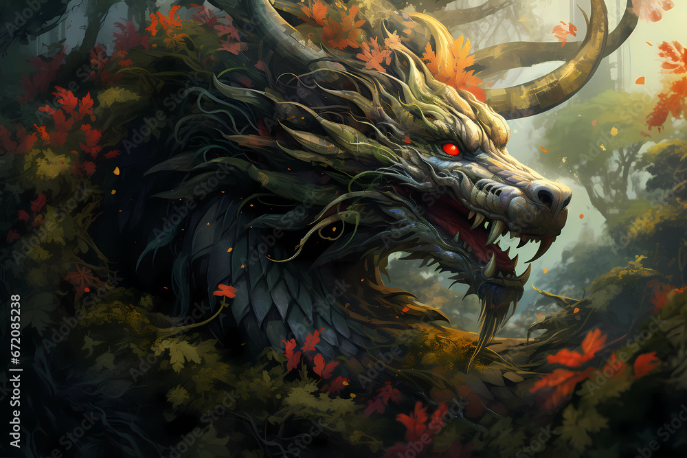 artistic and beautiful illustration of a wood dragon for chinese new ...