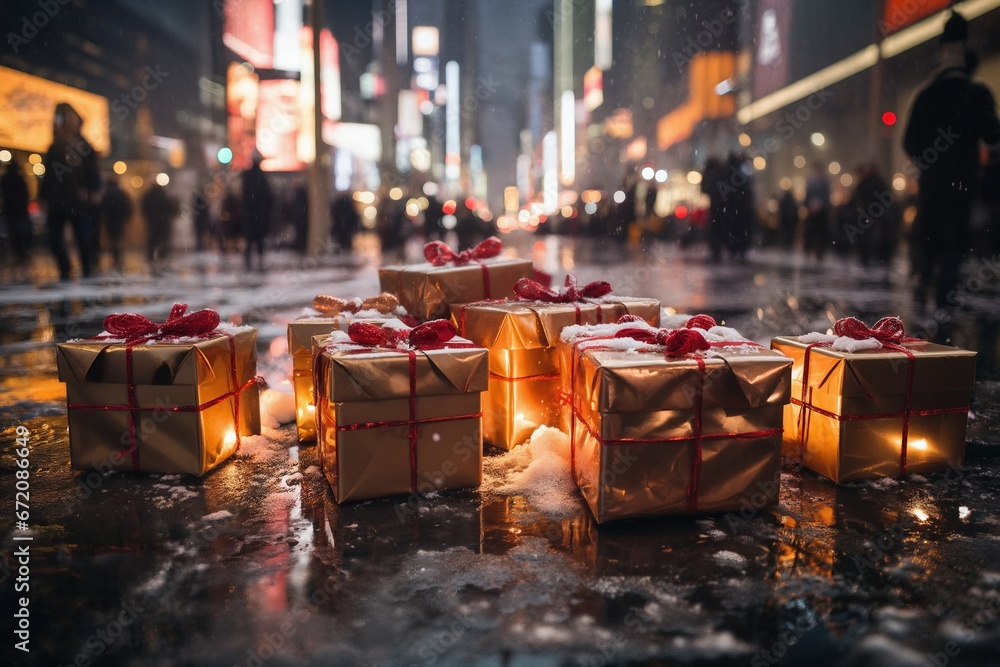 a lot of gifts in city street in winter, exteriors of the house are ...