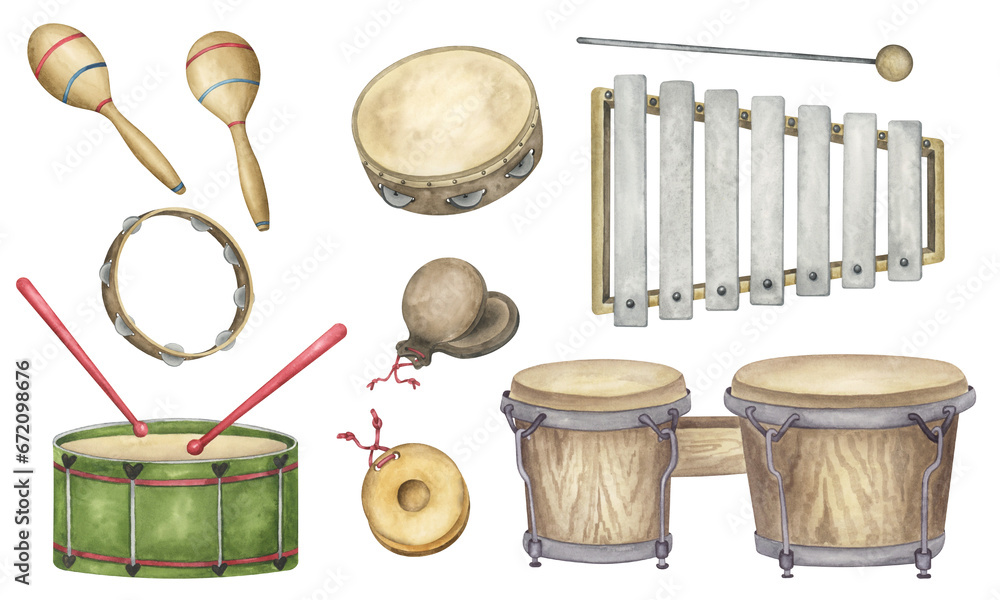 Percussion musical instruments. Watercolor clipart set. Maracas ...