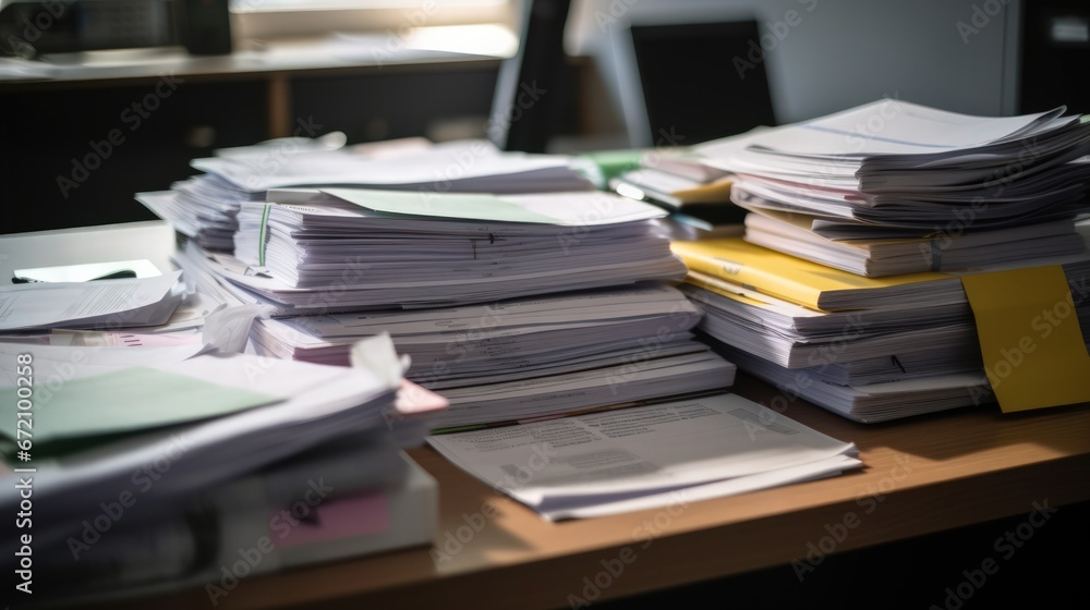 AI-generated illustration of file piles on an office desk near the ...