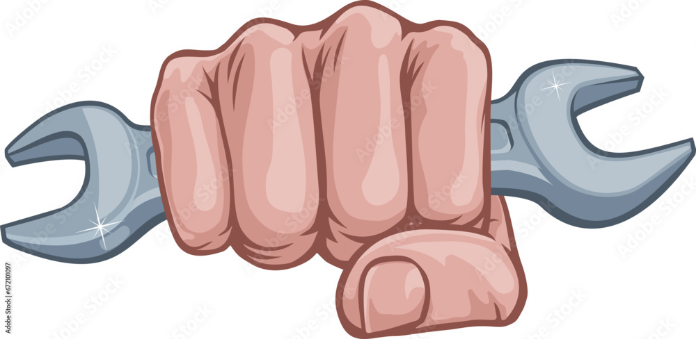 A fist hand holding a wrench or spanner in a comic book pop art cartoon ...
