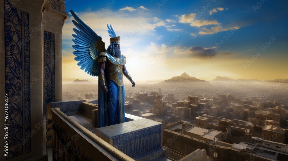 Anunnaki Sumerian Winged God King Overlooking Over Ancient Mesopotamia ...