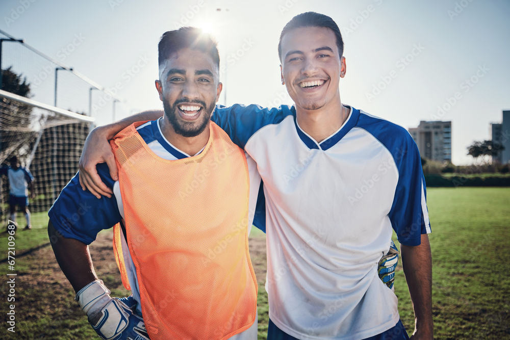 Happy soccer players, team or portrait of men on a field for sports ...