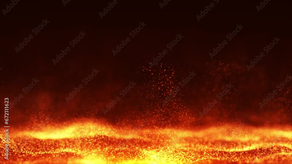 Abstract background of orange burning particles. Outpouring of volcanic ...