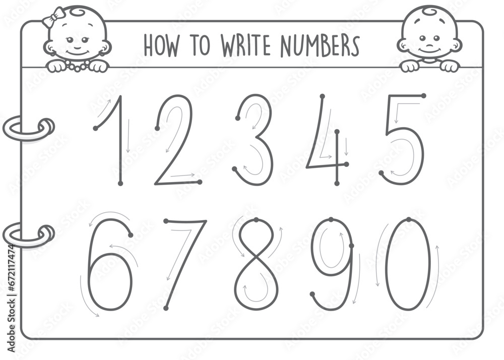 Vector black and white learning for kids, instructions on how to write ...