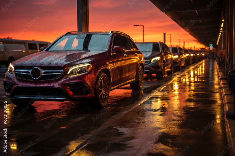 Line of cars waiting their turn at a busy drive-through car wash ...