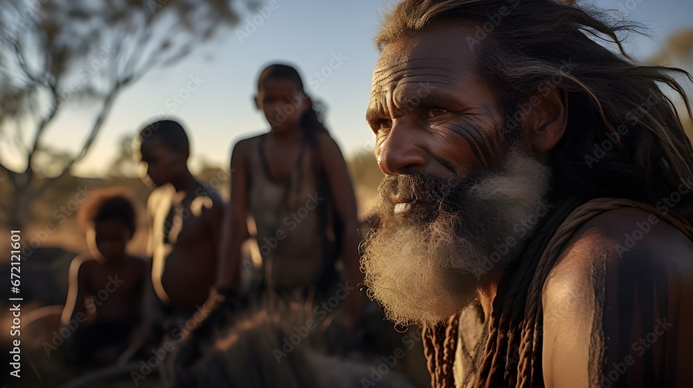An Australian Aboriginal elder, with deep-set eyes and white beard ...