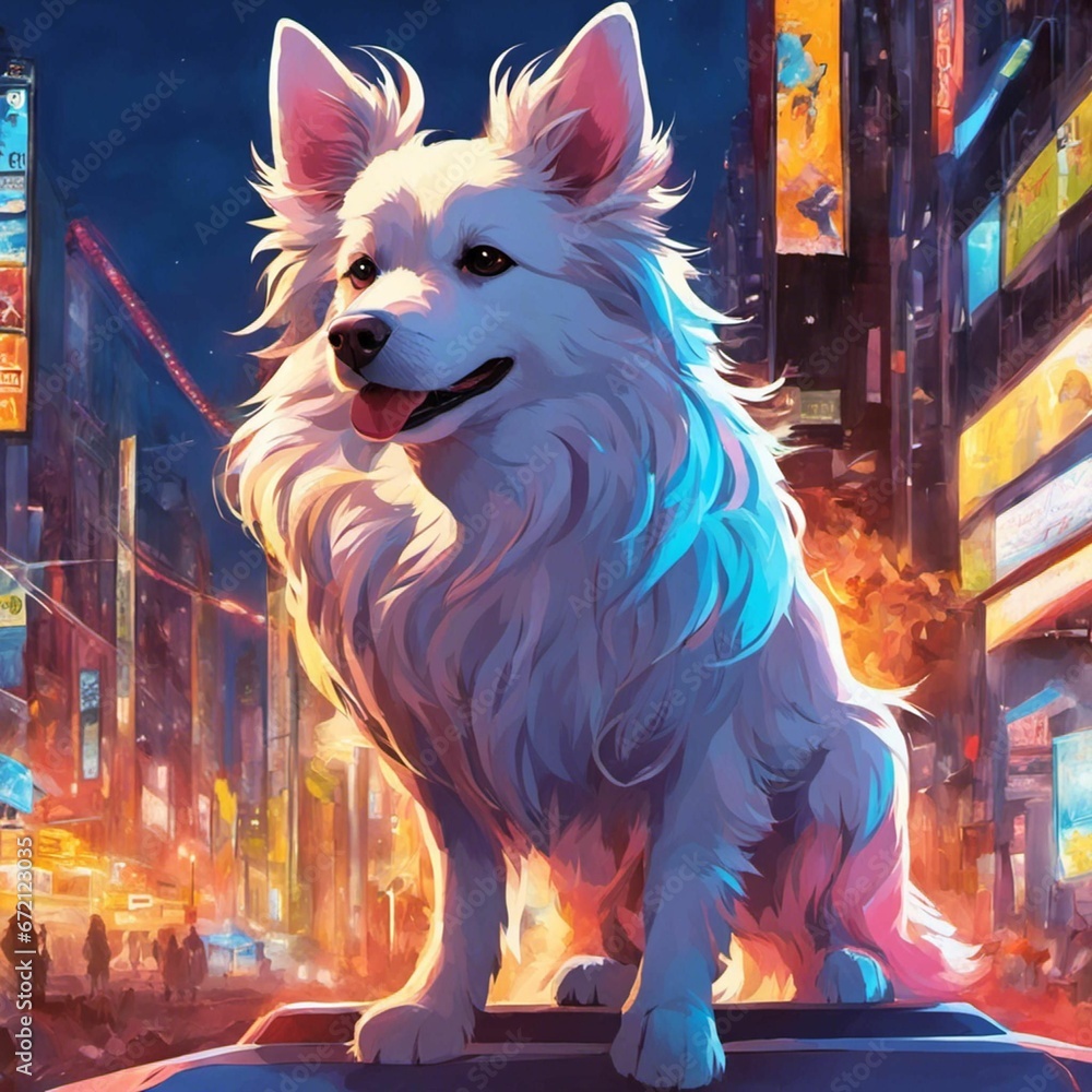 AI generated illustration of a white pup sitting atop a parked car on a ...