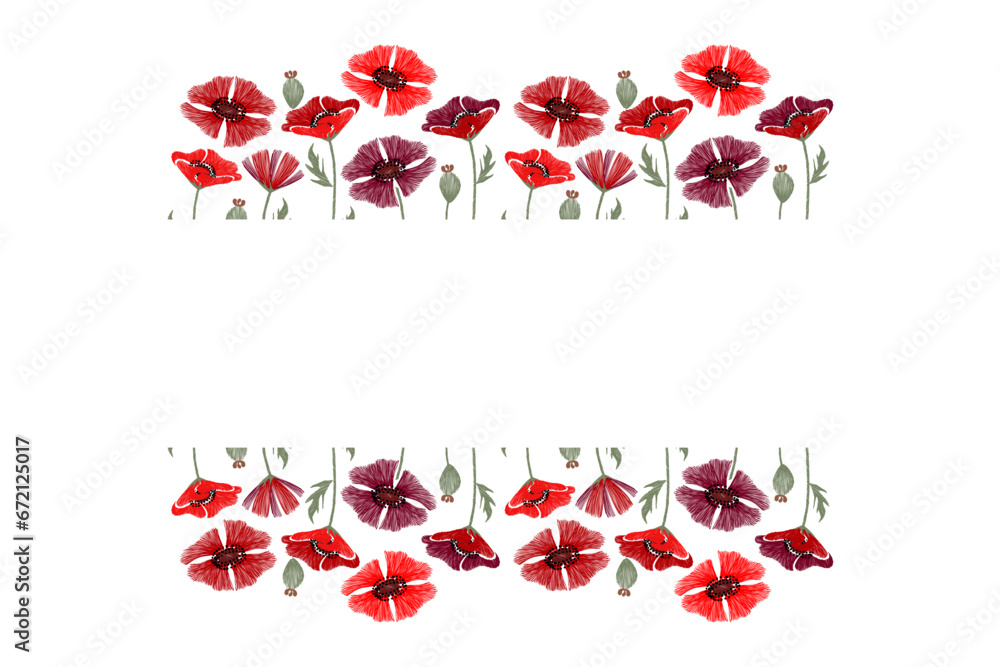 Poppy Memorial Day background border red poppy vector hand drawn. Copy ...