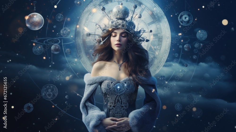 Woman, girl astrologer against the backdrop of the starry sky of the ...