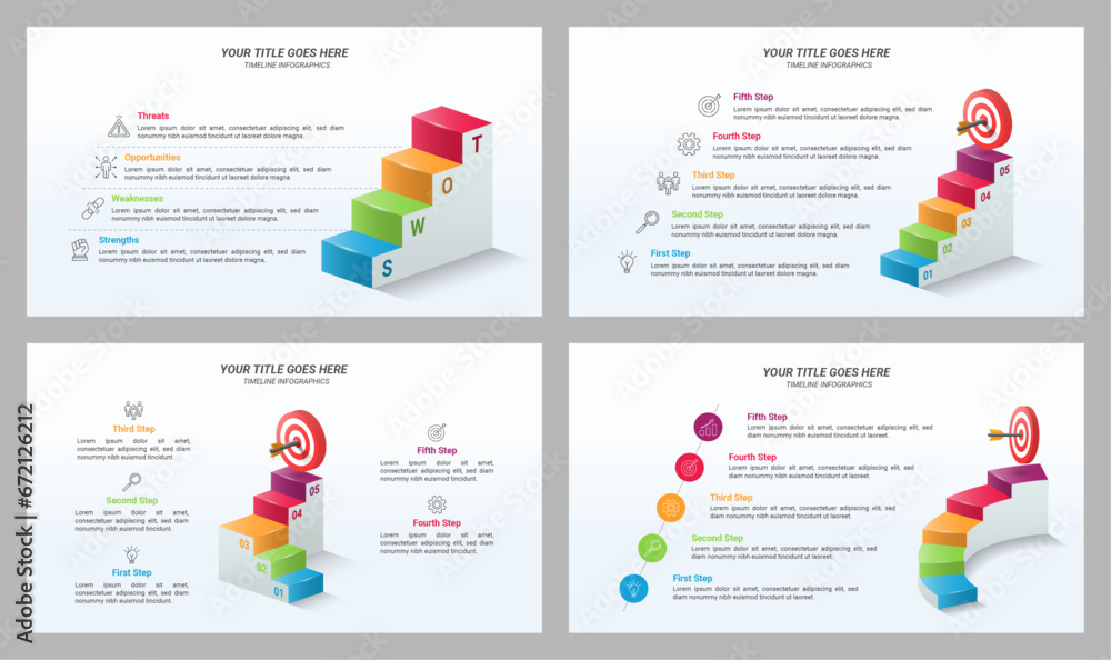 Set of Stairs Infographic Timeline 4 & 5 steps with Editable Text and ...
