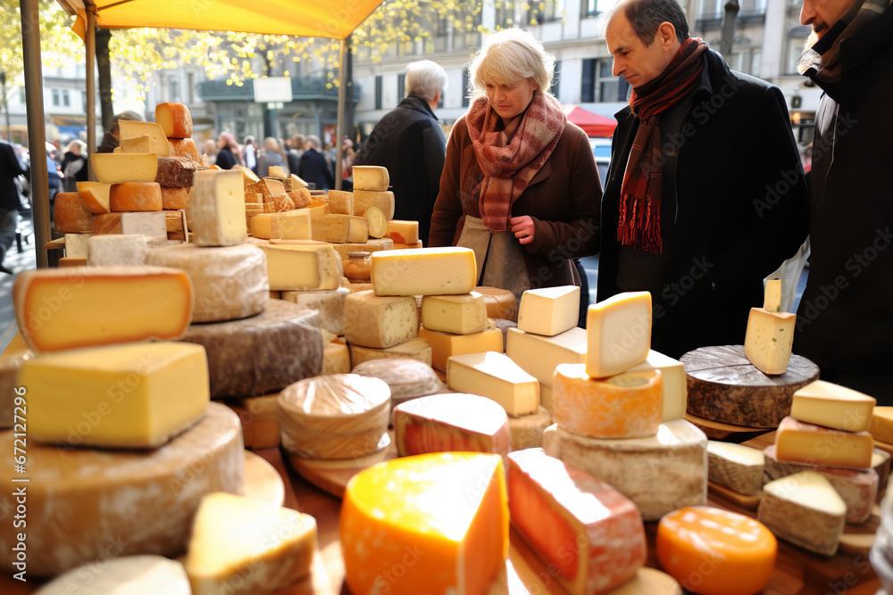 Amidst the market hustle, a cheese stall draws in a crowd, offering a ...