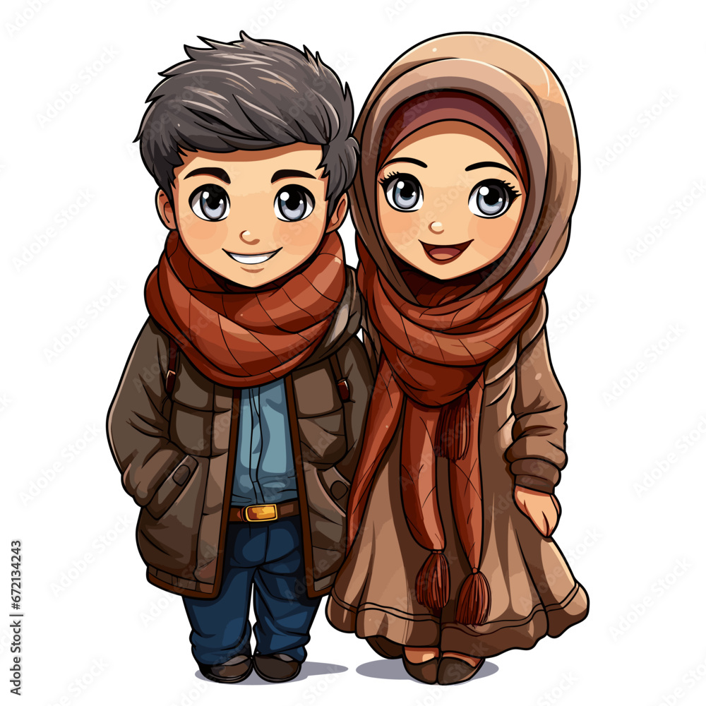 Muslim couple hand-drawn comic illustration. Muslim couple. Vector ...