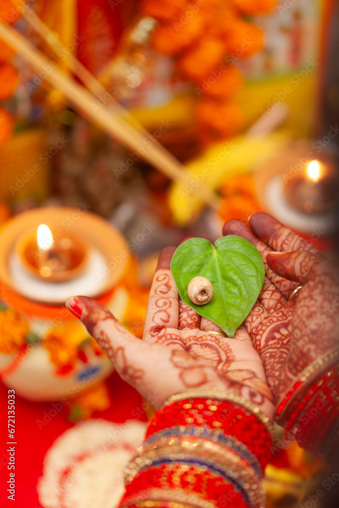 Beautiful hands of an Indian woman with betel nut along with betel leaf ...
