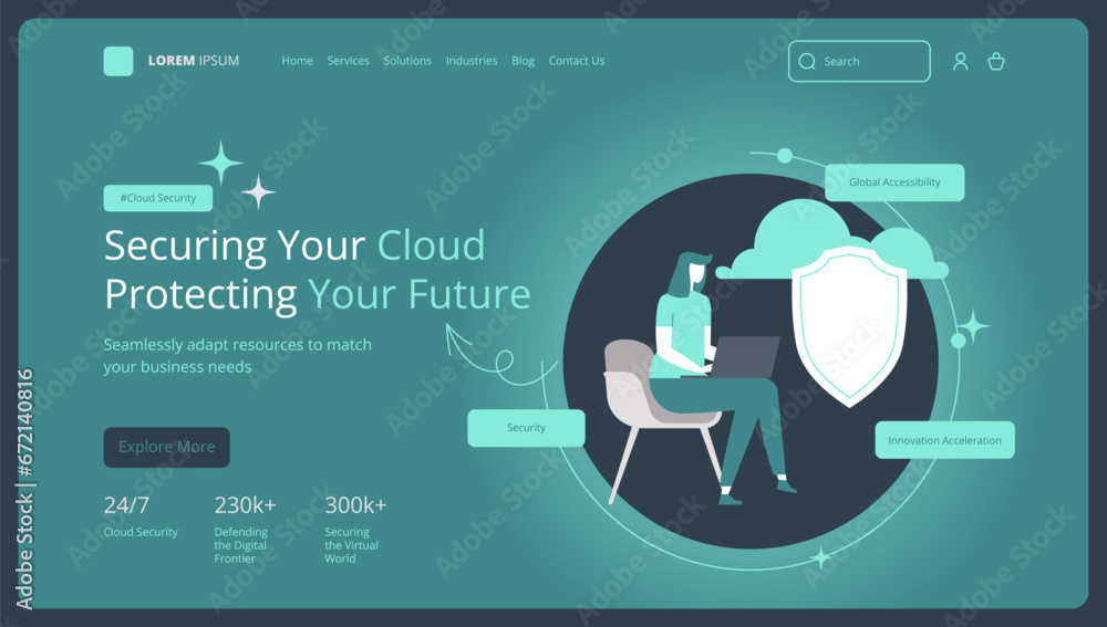 Landing page template. Cloud database security. Digital cybersecurity. Protect system innovation ...