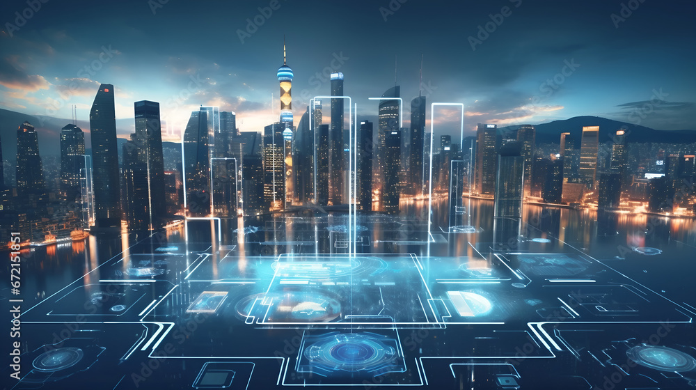 A city skyline in the midst of a digital revolution, with skyscrapers ...