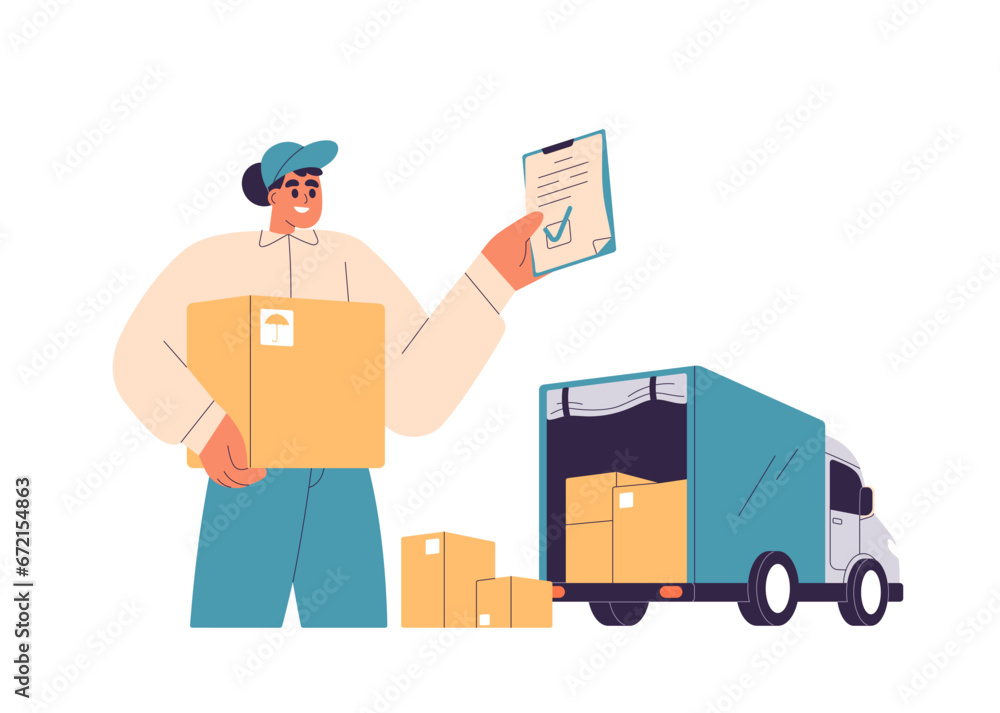 Loading delivery truck, checking cargo and transport document. Goods in ...