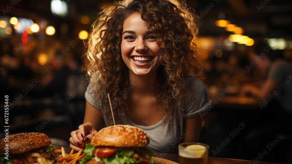 Woman enjoys taste of cheeseburger with satisfaction as flavors dancing ...