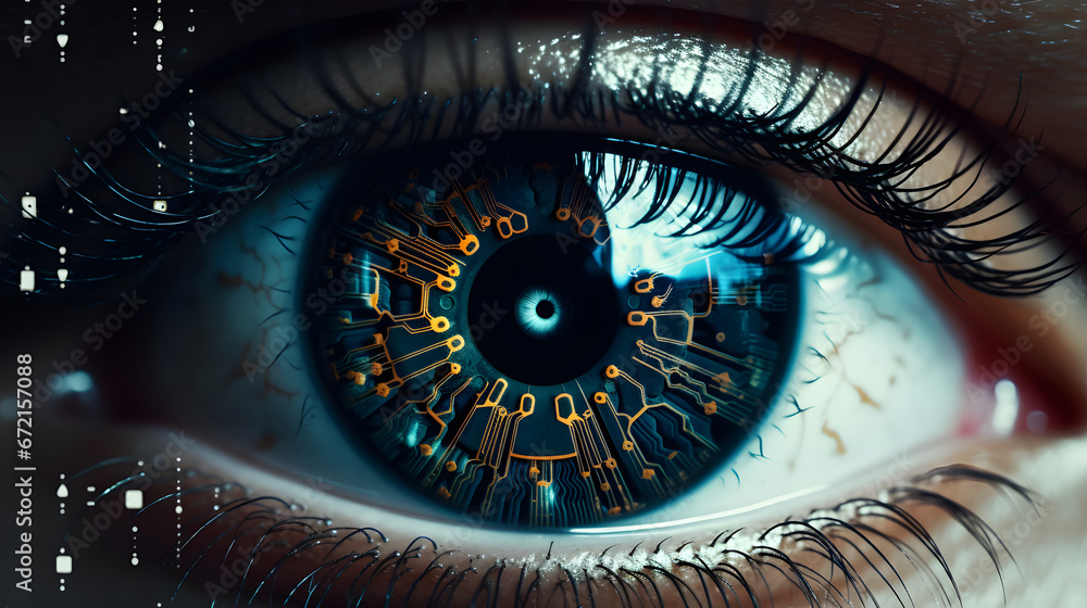 A close-up of a digital eye retina print with microchips in the camera ...