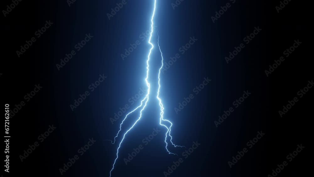 Strike lightning on black background, blue coloured, glowing flicker ...