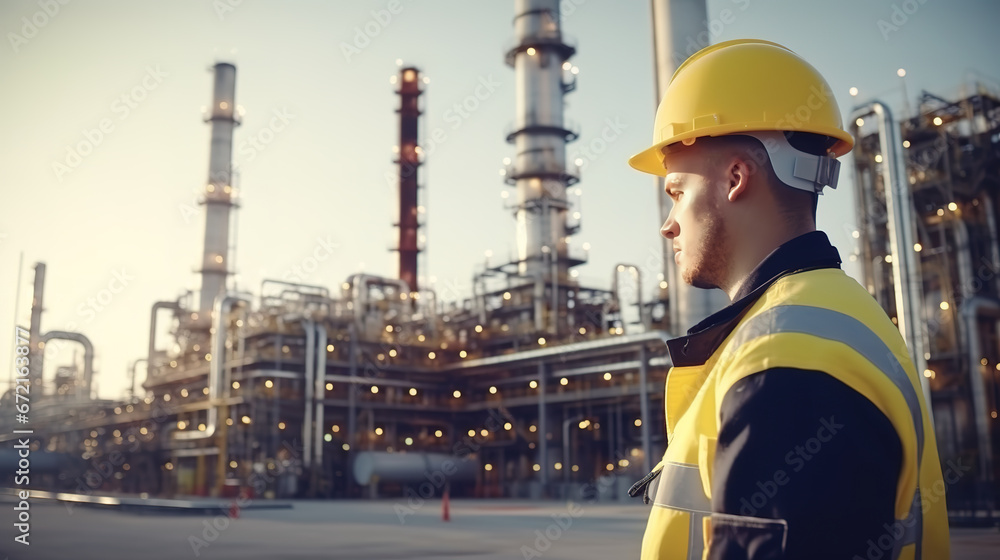 Male worker inspection at the exchanger of tank oil refinery pipeline ...